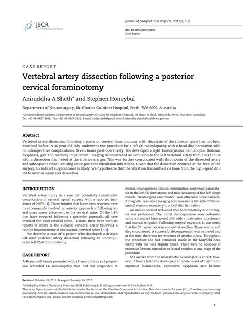 Pdf Vertebral Artery Dissection Following A Posterior Cervical