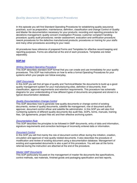 Quality Assurance Qa Management Procedures Sop List Pdf Quality