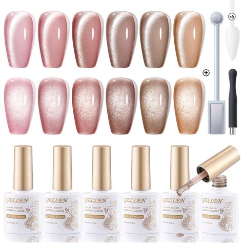 Gellen Cat Eye Gel Nail Polish Kit 6 Colors Glitter Nude Pink Cat Eye