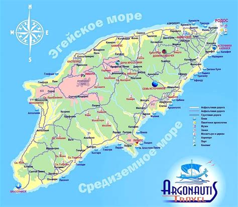 Карта острова Родос с пляжами и достопримечательностями