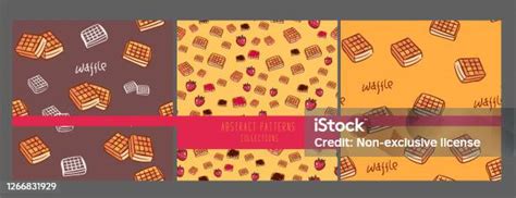 초콜릿과 딸기와 와플 귀여운 만화 원활한 패턴세트 우정 개념 자식 벡터 일러스트레이션입니다 포스터 카드 직물 벽지 템플릿에 대한 질감 배경 낯선 사람에 대한 스톡 벡터 아트