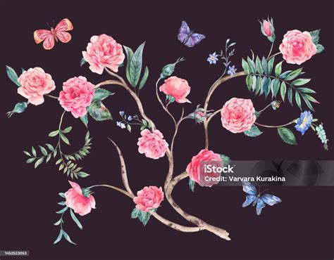 수채화 정원 장미 꽃다발 피는 나무 검은색으로 분리된 시누아즈리 그림 0명에 대한 스톡 벡터 아트 및 기타 이미지 0명 Central London 결혼식 Istock