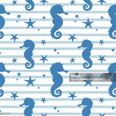 해마와 불가사리의 실루엣이 있는 해양 패턴 흰색 바탕에 파란색 줄무늬 섬유 디자인 포장지 벽지를 위한 여름 배경 벡터 일러스트 레이 션 플랫 벡터에 대한 스톡 벡터 아트 및
