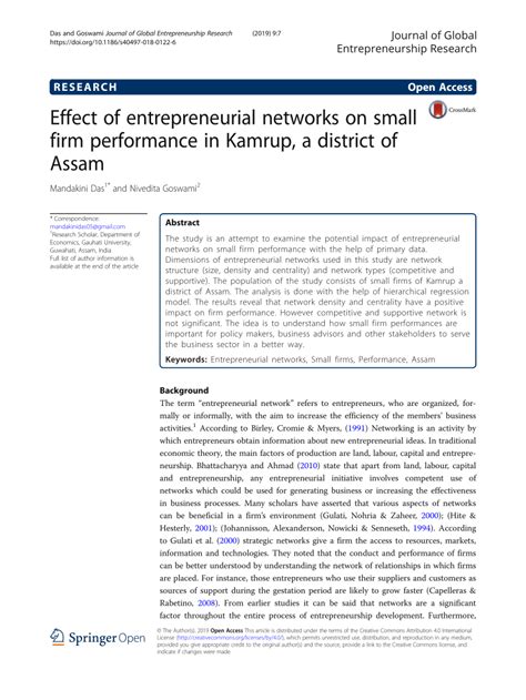 Pdf Effect Of Entrepreneurial Networks On Small Firm Performance In Kamrup A District Of Assam