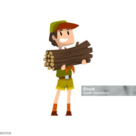 장작 유니폼 야외 모험에서 보가 스카우트 캐릭터와 캠핑에 생존 활동의 번들을 들고 소년 흰색 배경에 그림을 벡터 교육에 대한 스톡 벡터 아트 및 기타 이미지 Istock