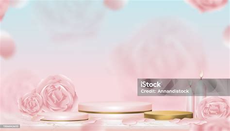 포디움 쇼케이스 디스플레이 잉글리시 로즈 핑크와 옐로우 골드 스탠드와 아로마 촛불 흐릿한 봄 꽃 배경에 핑크 골드 실린더 스탠드 플랫폼의 벡터 일러스트 사실 3d 3차원