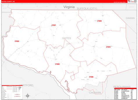 Gates County Nc Zip Code Wall Map Red Line Style By Marketmaps Mapsales