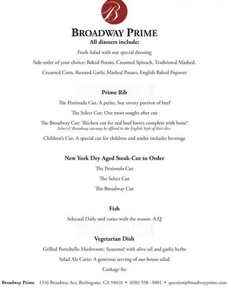 Menu At Broadway Prime Steakhouse Burlingame