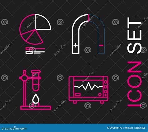 Set Line Computer Monitor With Cardiogram Glass Test Tube Flask Fire Heater Magnet And Pie