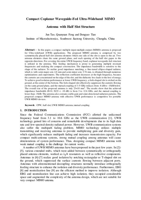 Pdf Compact Coplanar Waveguide Fed Ultra Wideband Mimo Antenna With Half Slot Structure