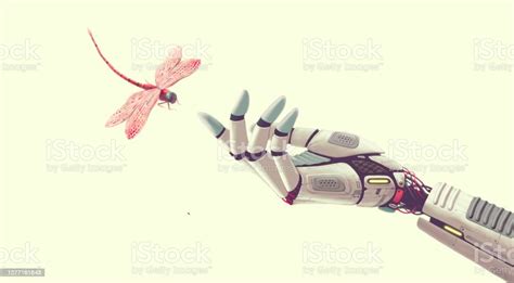기술과 자연 개념 초현실적 인 작품 잠자리와 로봇 손 행복의 자유와 희망의 개념 미래 회화 일러스트 과학 잠자리에 대한 스톡