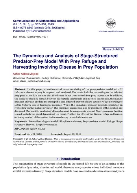 Pdf The Dynamics And Analysis Of Stage Structured Predator Prey Model With Prey Refuge And