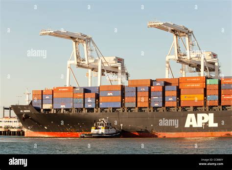 Gantry Cranes Ready To Unload Cargo Containers From Apl Ship At Port Of