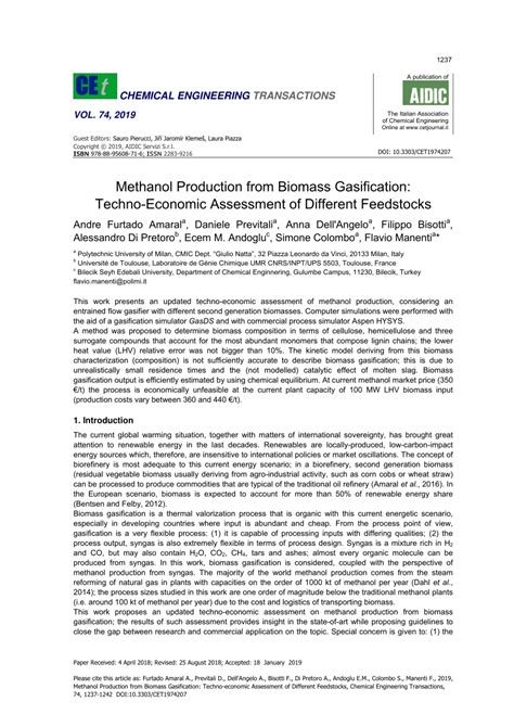 PDF Methanol Production From Biomass Gasification Techno Economic Assessment Of Different