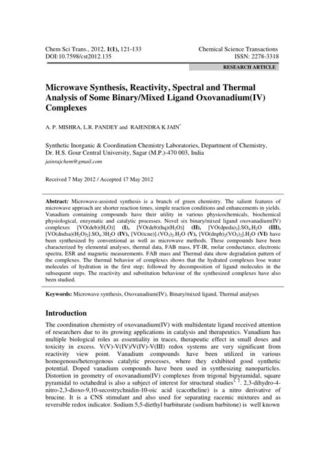 Pdf Microwave Synthesis Reactivity Spectral And Thermal Analysis Of