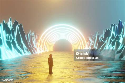 우주 비행사인 한 남자가 외계 행성의 표면에 서서 네온의 원을 바라보고 있다 환상적인 풍경을 배경으로 실루엣 3d 렌더링 가공의 행성에 대한 스톡 사진 및 기타 이미지