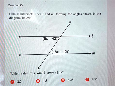 Solved Line N Intersects Lines 1 And M Forming The Angles Shown In The Diagram Below N L 6x