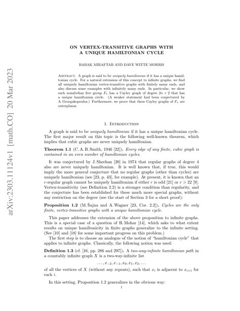 Pdf Vertex Transitive Graphs With A Unique Hamiltonian Cycle