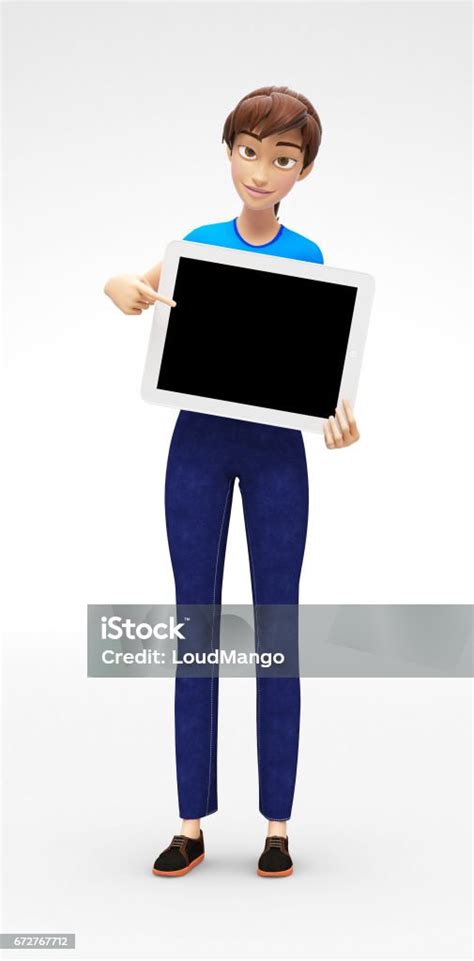 웃 고 행복 한 빈 화면 개최와 장치 이랑 태블릿 제니3d 만화 여성 캐릭터 캐주얼 옷에 3차원 형태에 대한 스톡 벡터 아트 및 기타 이미지 3차원 형태 여자 한