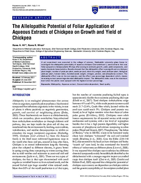 Pdf Allelopathic Potential Of Foliar Application Of Aqueous Extracts Of Chickpea On Growth And
