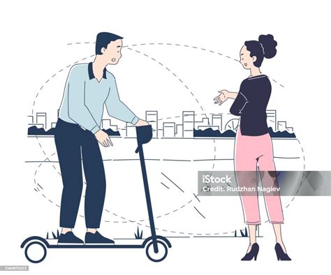 스쿠터를 가진 사람들 환경 친화적 인 교통 수단을 갖춘 도시 거리의 남성과 여성 Escooter와 함께 젊은 남자와 소녀 활동적인 라이프스타일과 레저 선형 벡터 그림 거리에