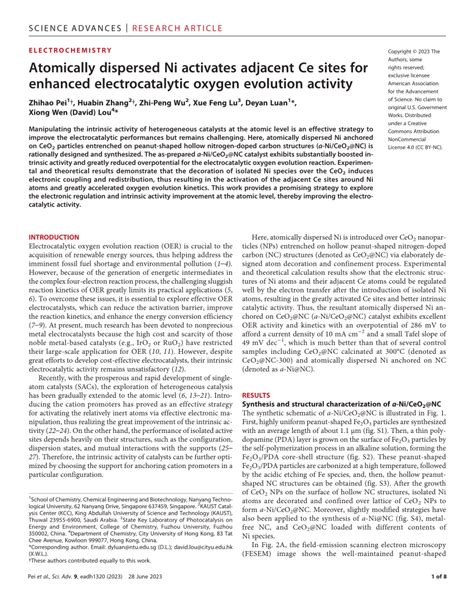 Pdf Atomically Dispersed Ni Activates Adjacent Ce Sites For Enhanced Electrocatalytic Oxygen