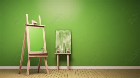 목재 바닥재가 있는 녹색 벽에 있는 나무 이젤의 3d 그림 나무 종이 배경 나무 예술 배경 녹색 나무 배경 이미지 Hd 나무 종이 나무 예술 녹색 나무 배경 사진