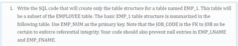 Solved 1 Write The Sql Code That Will Create Only The Table