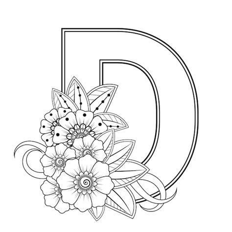 멘디 스타일의 꽃으로 만든 편지 N 색칠 공부 페이지입니다 개요 손으로 그리는 벡터 일러스트 레이 션 프리미엄 벡터