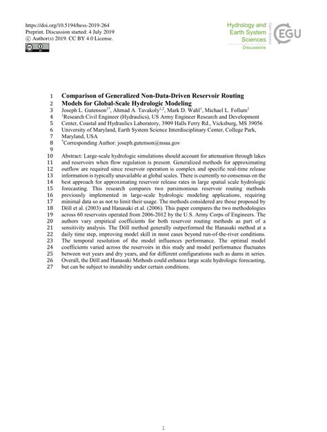 Pdf Comparison Of Generalized Non Data Driven Reservoir Routing Models For Global Scale