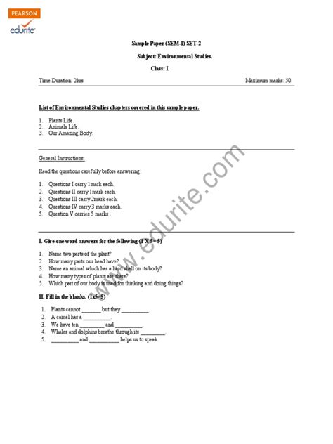 Cbse Class 1 Evs Sample Paper Term 1 Model 2 Pdf