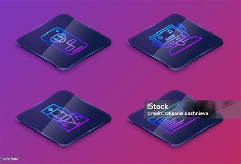 아이소 메트릭 라인 봇 로봇 닥터 로봇 및 소프트웨어 웹 개발자 프로그래밍 코드를 설정합니다 파란색 사각형 버튼입니다 벡터 3차원 형태에 대한 스톡 벡터 아트 및 기타