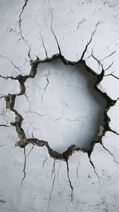 Circular Hole In Textured Surface Jagged Edges Darker Underlying Layer Visible Stock