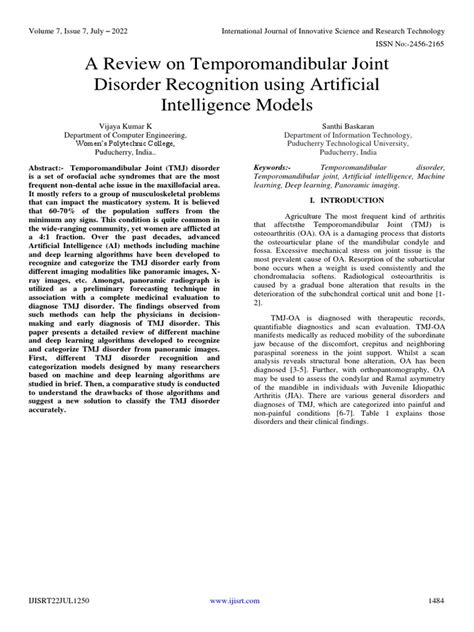 A Review On Temporomandibular Joint Disorder Recognition Using Artificial Intelligence Models