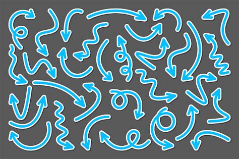 화려한 손으로 그린 화살표 스티커 세트 파란색 포인터 컬렉션입니다 다른 모양의 간단한 화살표 방향 표지판 벡터 일러스트레이션 개체 그룹에 대한 스톡 벡터 아트 및 기타