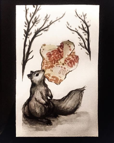 Squirrel Devouring His Mcmuffin Wrapper Me Inkwash Collage 2022 R Art