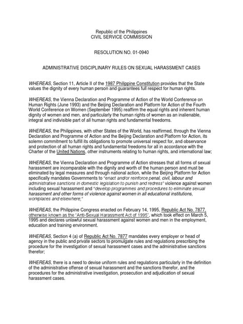 Csc Resolution 01 0940 Pdf Sexual Harassment Human Rights