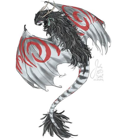 A Drawing Of A Black And White Dragon With Red Letters On Its Wings