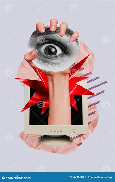 Vertical Creative Photo Collage Pc Monitor Screen Human Hand Holding