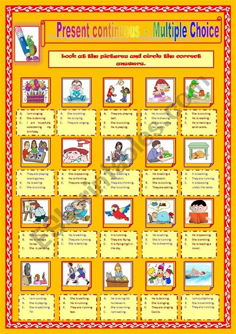 Present Continuous Multiple Choice ESL Worksheet By Carole77