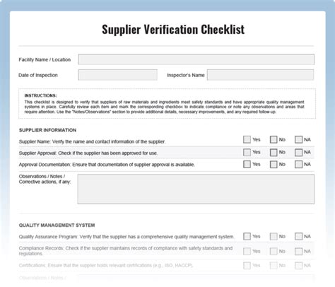 Supplier Verification Inspection Checklist Download Free Pdf