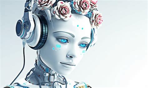 Premium Ai Image Woman Robot Head With Headphones And A Flower Generative Ai