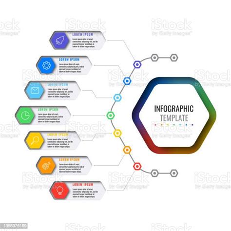 흰색 배경에 얇은 선 아이콘이있는 7 개의 사실적인 육각형 요소 비즈니스 인포그래픽 템플릿 종이에 기하학적 구멍이 있는 현대적인 다이어그램 프레젠테이션을 위한 벡터 시각화