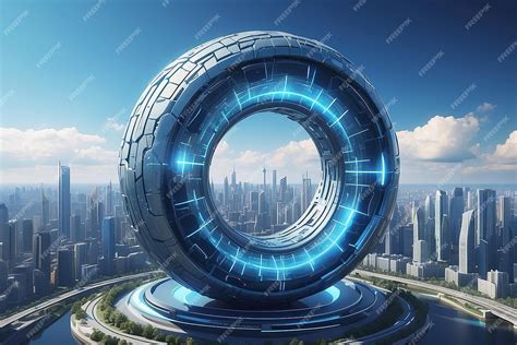 Futuristic Torus Technology Textured Object On Blue Citybackground 3d Rendering Premium Ai