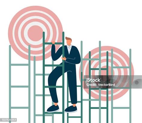 비즈니스 목표 작은 사람 개념에 도달하기 위해 계단을 타오르는 것을 목표로합니다 최고의 기회와 성취 벡터 일러스트를 얻기 위한 야망과 결심 리더십 노력과 비전 계단에 대한
