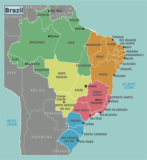 Palmetto Posters 22x24 Laminated Poster Large Brazil Regions Map