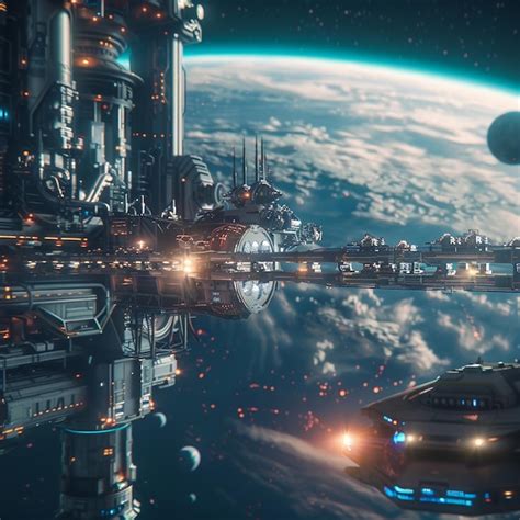 Premium Photo Futuristic Space Station Orbiting Planet