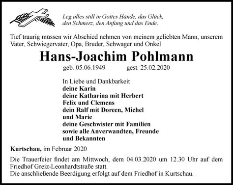 Traueranzeigen Von Hans Joachim Pohlmann Trauer In Thueringen De