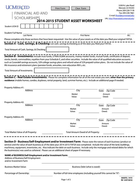 Fillable Online Financialaid Ucmerced Edu 2014 2015 Student Asset