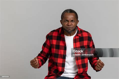 공격성을 표현하는 빨간 체크무늬 셔츠를 입은 화난 검은 수염 난 남자 40 44세에 대한 스톡 사진 및 기타 이미지 40 44세 격노한 공격성 Istock